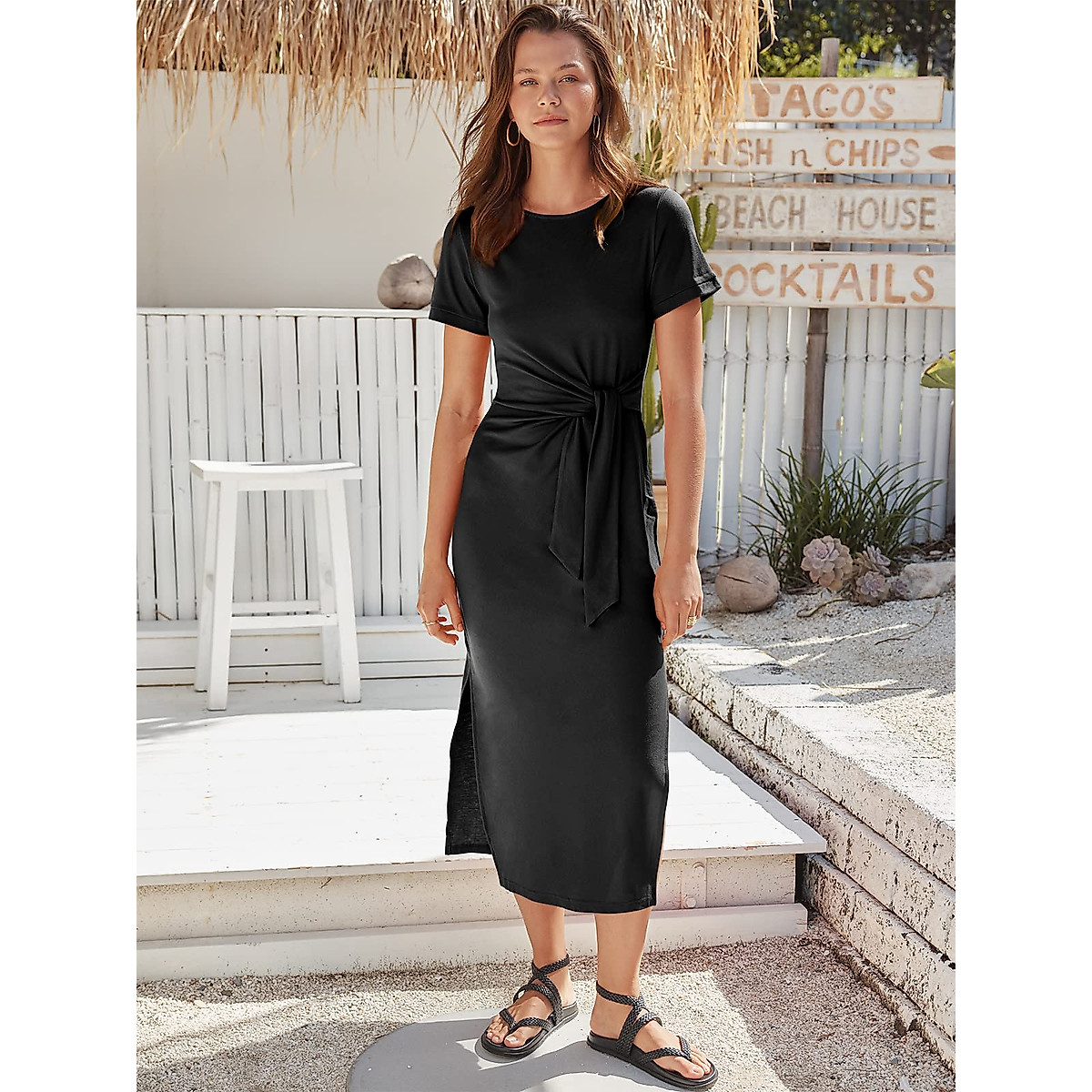 ANRABESS Women's 2025 Summer Maxi Tshirt Dress Short Sleeve Crewneck Tie Waist Casual Slim Fit Slit Spring Long Beach Dresses Black Medium