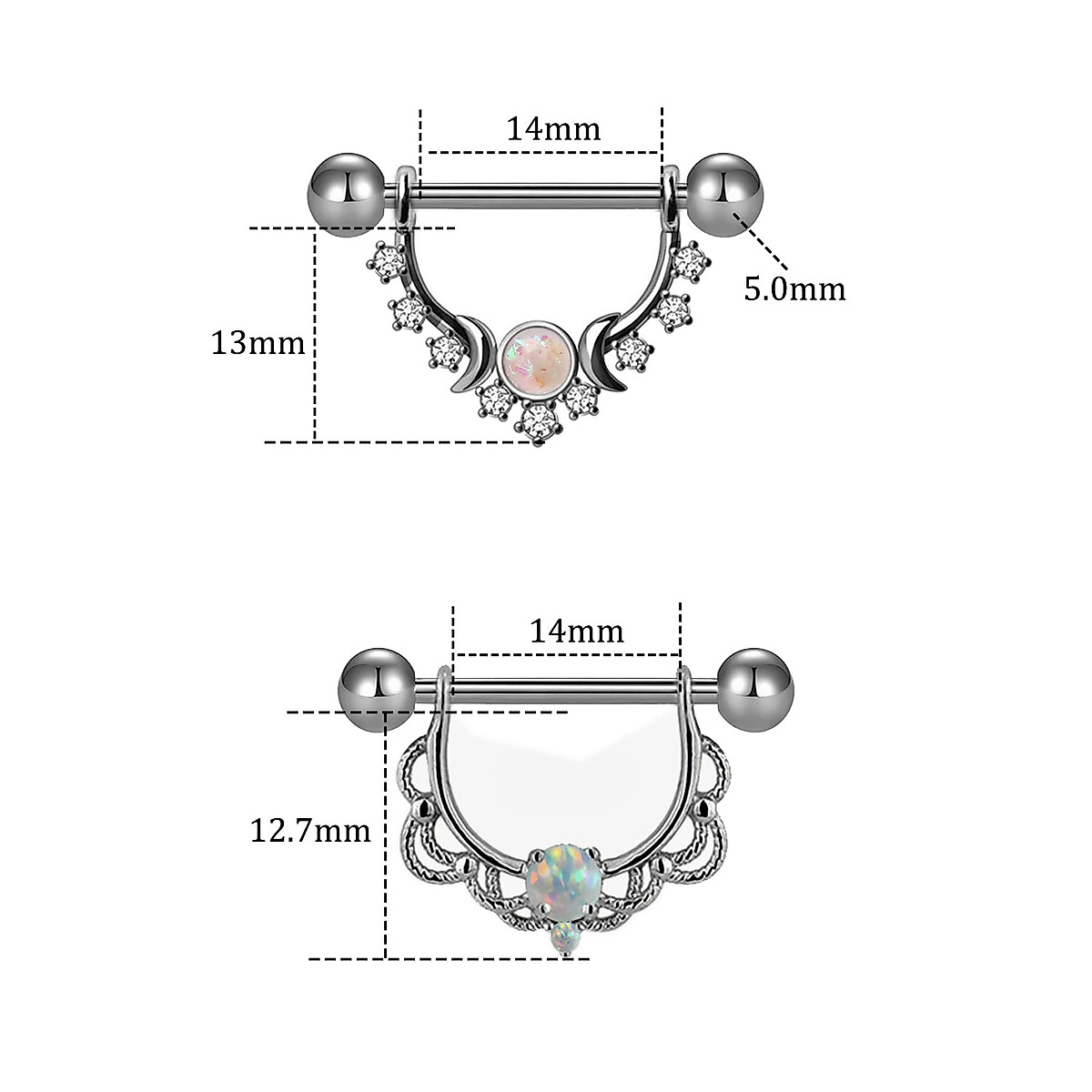 FLOGWE 14G 316L Opal Stars Moon Dangle Nipple Rings, Surgical Stainless Steel CZ Nipple Barbells Piercing Barbell for Women