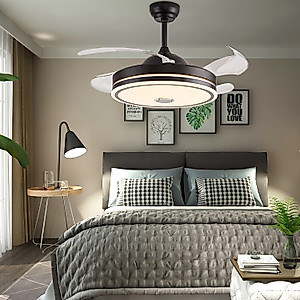 DFL 42" Ceiling Fan with Light, Fandelier, Retractable Ceiling Fan Light and Bluetooth Speaker RGB Color Changing with Remote Controller for Living Room/Bedroom/Restaurant Music Black