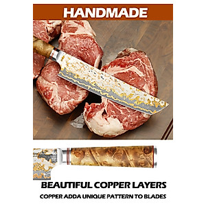 YOUSUNLONG Tanto Kitchen Knife - 8 Inch Japanese Handmade Chef Knife - Razor Sharp Copper Damascus Steel Blade - Cleaver Carving Knife - Naturel Burl Wooden Handle with Leather