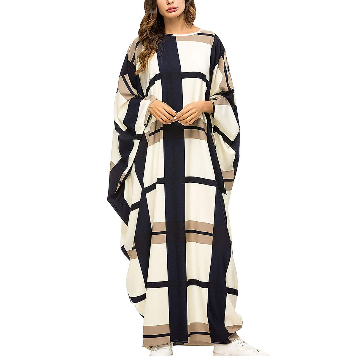 Flygo Women's Batwing Plaid Long Sleeves Maxi Dress Oversized Sleep Loungewear (One Size