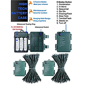 2 Pack Each 32.8ft 120 LED Battery Operated Christmas Tree Lights Indoor Outdoor Cluster String Lights with Timer 8 Modes Dark Green Wire Fairy Light for Xmas Bedroom Garden Decorations (Multicolor)