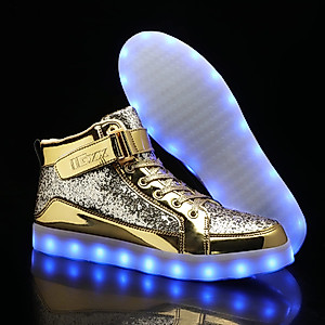 IGxx LED Light Up Shoes for Men USB Recharging High Top LED Sneakers Women Kids Glitter Gold