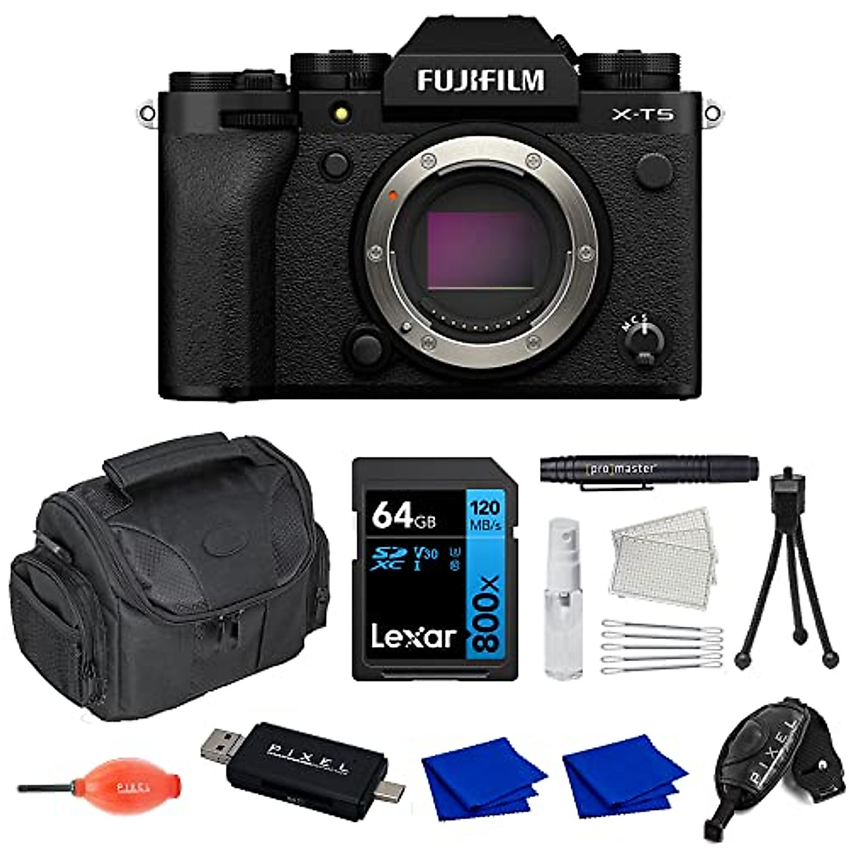 Fujifilm X-T5 Mirrorless Digital Camera (Black) Body Bundle with 64GB Memory Card, Gadget Bag, Card Reader & More (8 Items) | USA Authorized with Fujifilm Warranty | Fuji xt5