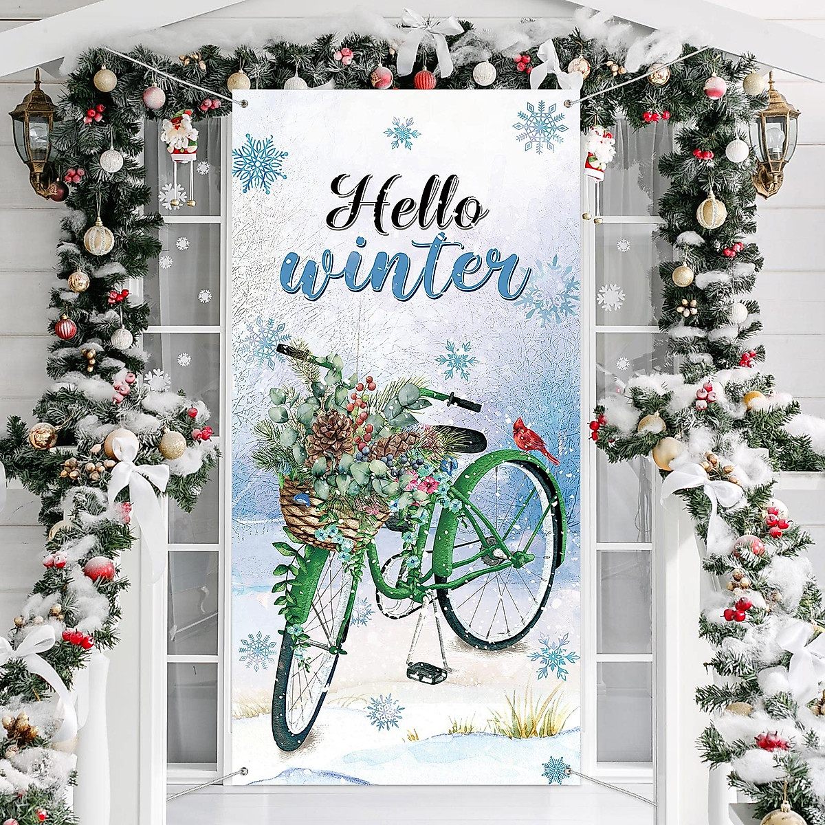 Hello Winter Welcome Porch Sign Door Cover Banner Winter Party Decoration Backdrop Floral Bike Banner Large Seasonal Door Banner Background Door Cover, 70.8 x 35 Inch (Winter Style)