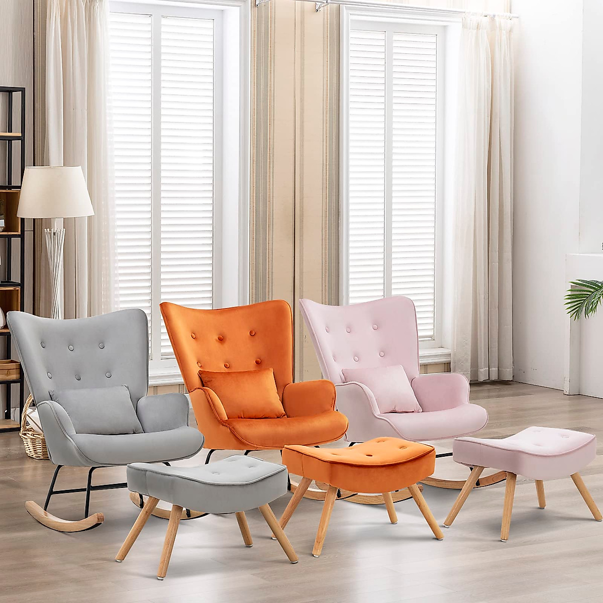 Artechworks Modern Velvet Rocking Chair, Glider Chair with Ottoman Cushion, Nursery Mid Century Upholstered Tufted Chair Rocking Armchair Rocker Accent Chair for Livingroom, Balcony, Grey