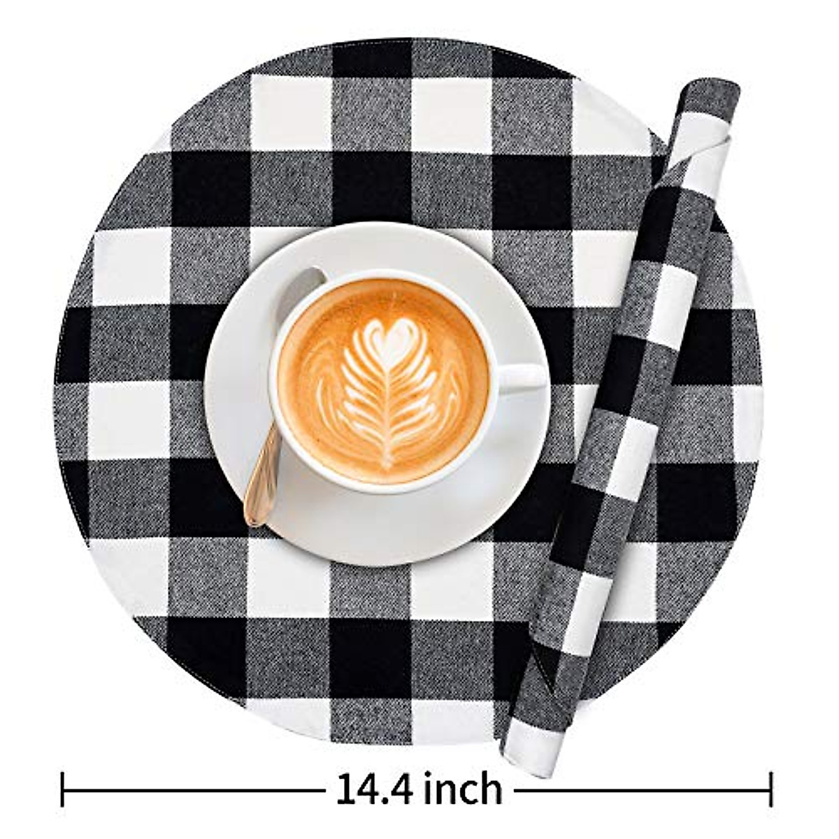 Senneny Round Placemats Set of 6 - Black and White Buffalo Plaid Placemats - Reversible Cotton and Burlap Placemats for Round Tables - Farmhouse Placemats for Dining Table