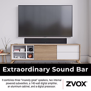 ZVOX SB500 Soundbar for TV, Home Speaker Bar Works with 50" to 90" TVs, Soundbar with Subwoofer Built-in, 6 Modes AccuVoice Dialogue Boost, Multi-Zone Audio and Hearing Technology