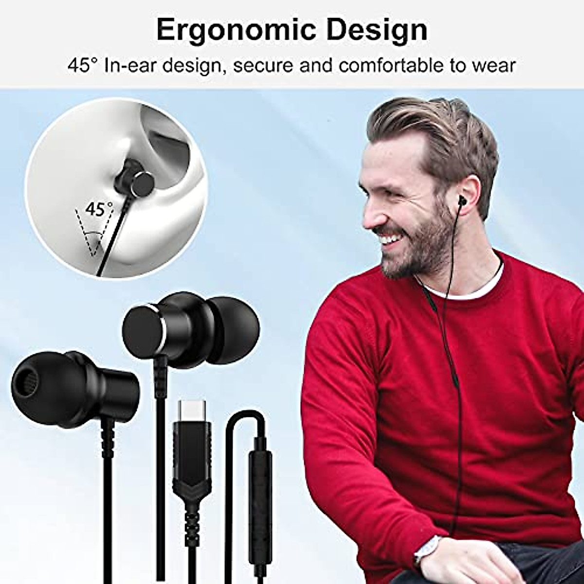 USB C Headphones, ACAGET Wired Earbuds for Galaxy S21 Plus Type C Magnetic Earphones with Mic HiFi Stereo Headset Volume Control Headphone for Samsung S22 S23 Ultra S20 FE A53 Pixel 7 6 iPad Pro Black