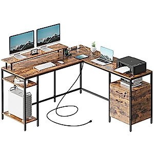 SUPERJARE Reversible Computer Desk with Power Outlets & File Cabinet, L Shaped Desk with Monitor Stand & Storage Shelves, Corner Desk Home Office Desk, Rustic Brown
