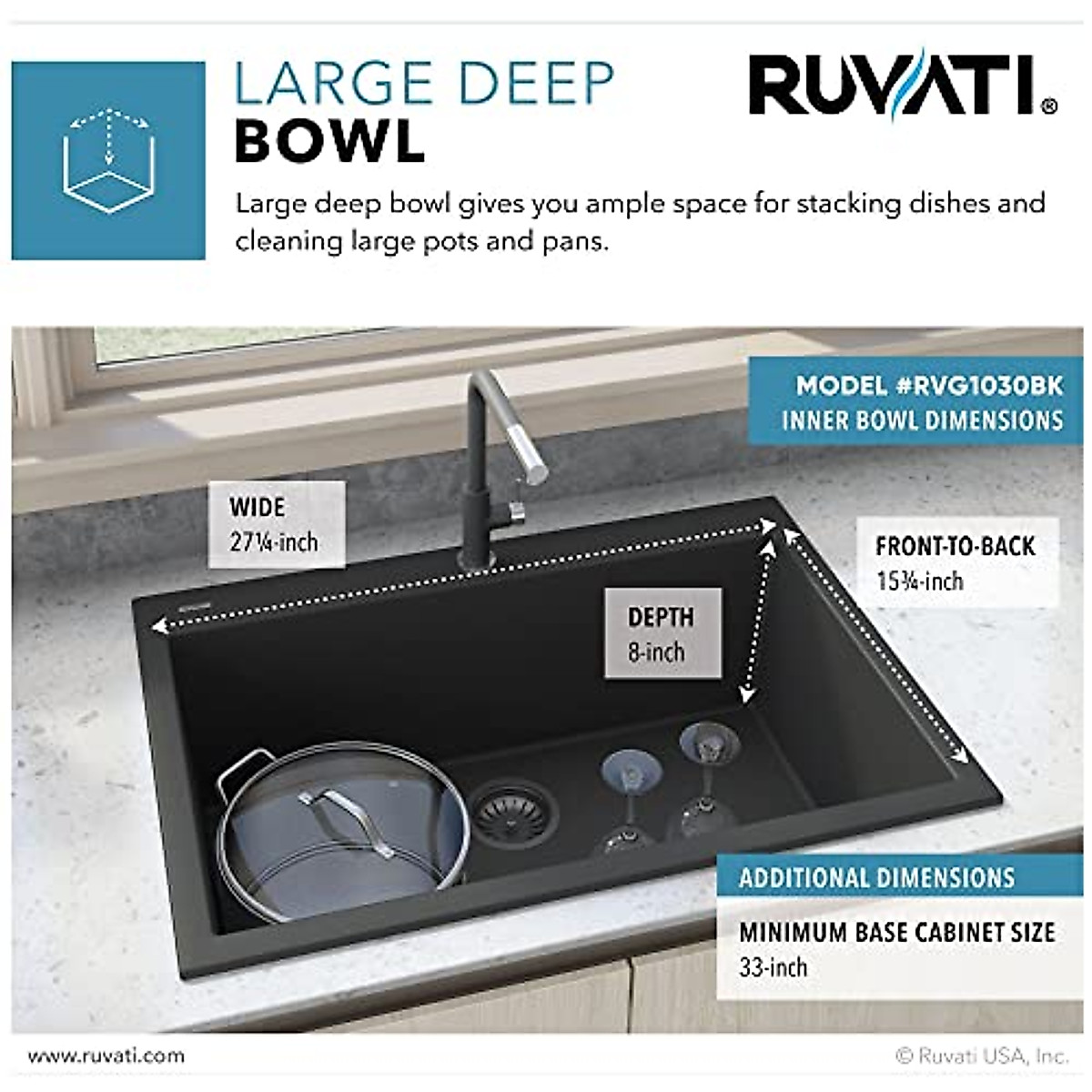 Ruvati 30 x 20 inch Drop-in Topmount Granite Composite Single Bowl Kitchen Sink - Midnight Black - RVG1030BK