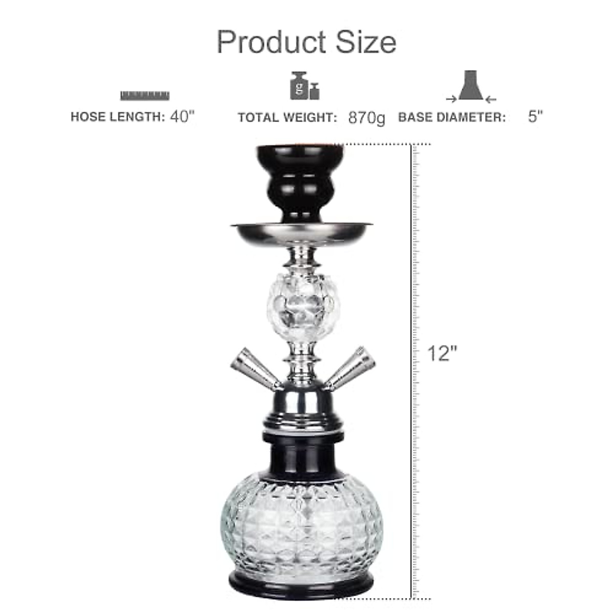 REANICE 12" Handmade Glass Water Shisha Portable Hookah Set with 2 Hose and Hookah Accessories (Black)