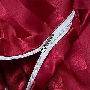 RevenRella 3 Piece Satin Duvet Cover Set Bedding Sets Italian Style 1800 Series Luxury Rich Silk Silky Super Soft Stripes Hidden Zipper Closure Reversible Wrinkle Free Honeymoon(Burgundy, King)