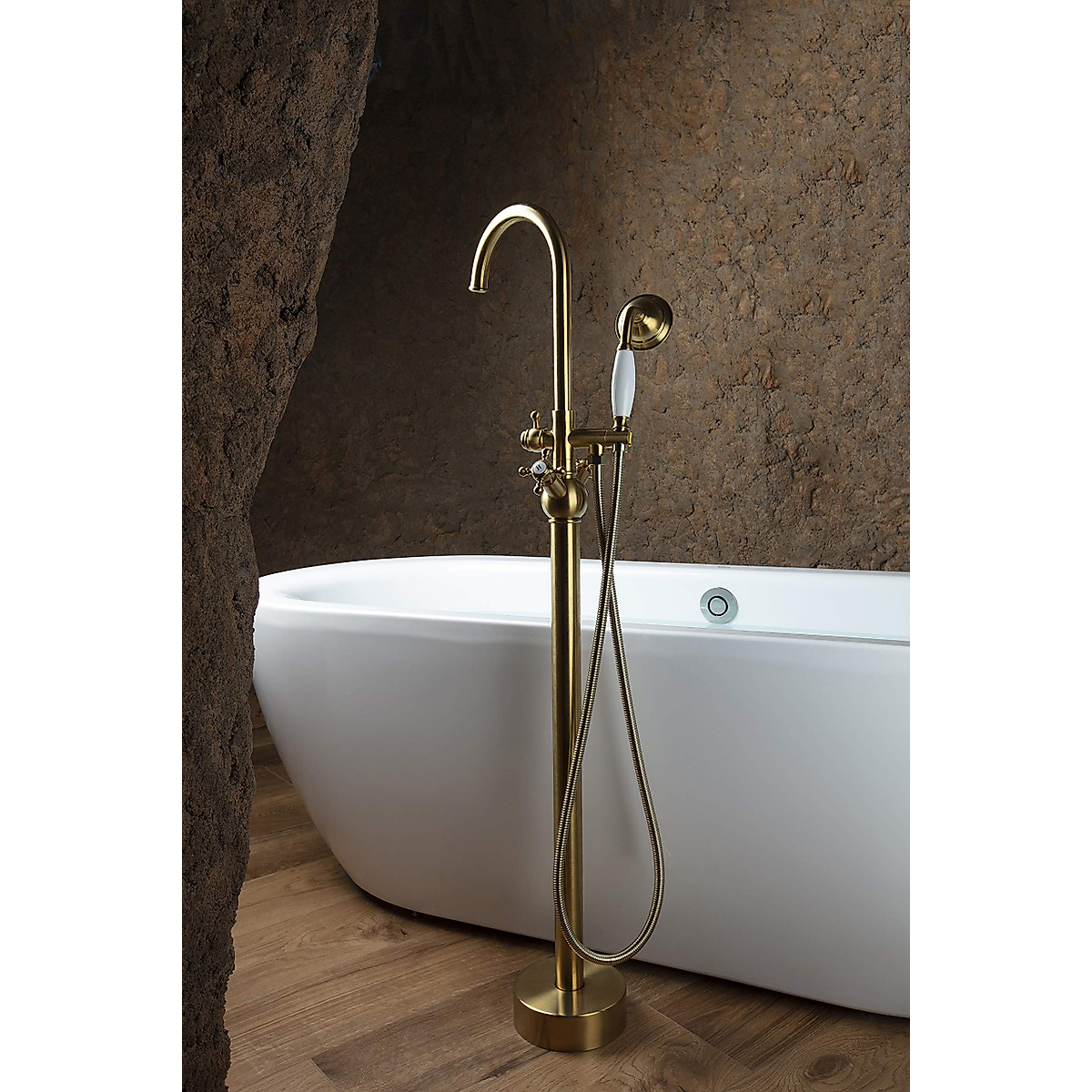 SITGES Solid Brass Freestanding Bathtub Faucet, Bathroom Floor Mount Tub Filler, Dual Function Double Cross Handle with Ceramic Hand Shower, Brushed Gold