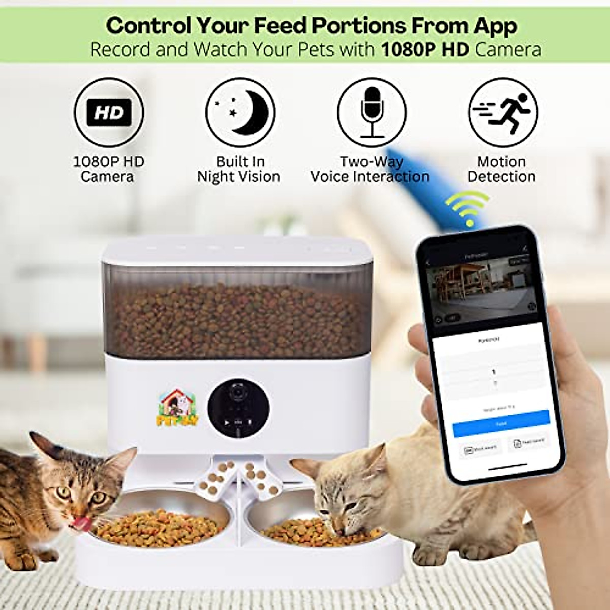 Automatic Cat Food Dispenser - with 1080p Wide Angle Smart Camera and WiFi - Automated Pet Feeder - Auto Timed Function with Portion Control - Dual Dishes for Multiple Cats