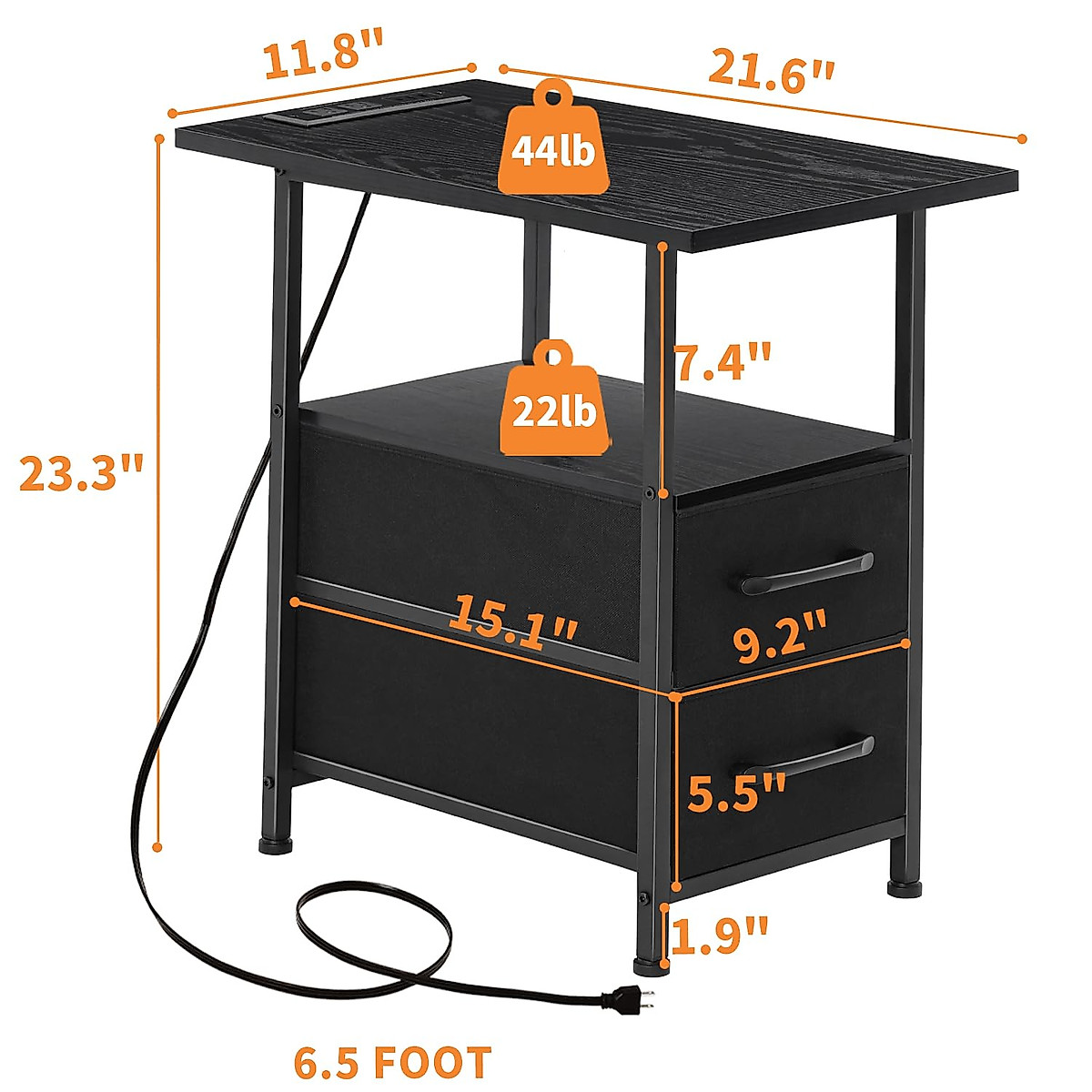 LAKEMID Narrow Side Table Set 2 with LED Light and USB C Port, Night Stand with Charging Station, Skinny End Table with 2 Fabric Drawers, for Bedroom, Living Room, Black