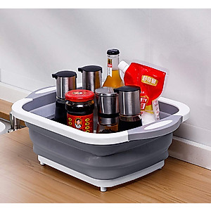 Girl and Cat Collapsible Cutting Board, Foldable Wash Basin with Colander Portable Washing Sink Silicone Dish Tub for Camping, Outdoor, BBQ, Kitchen, Picnic, Hiking, Gray