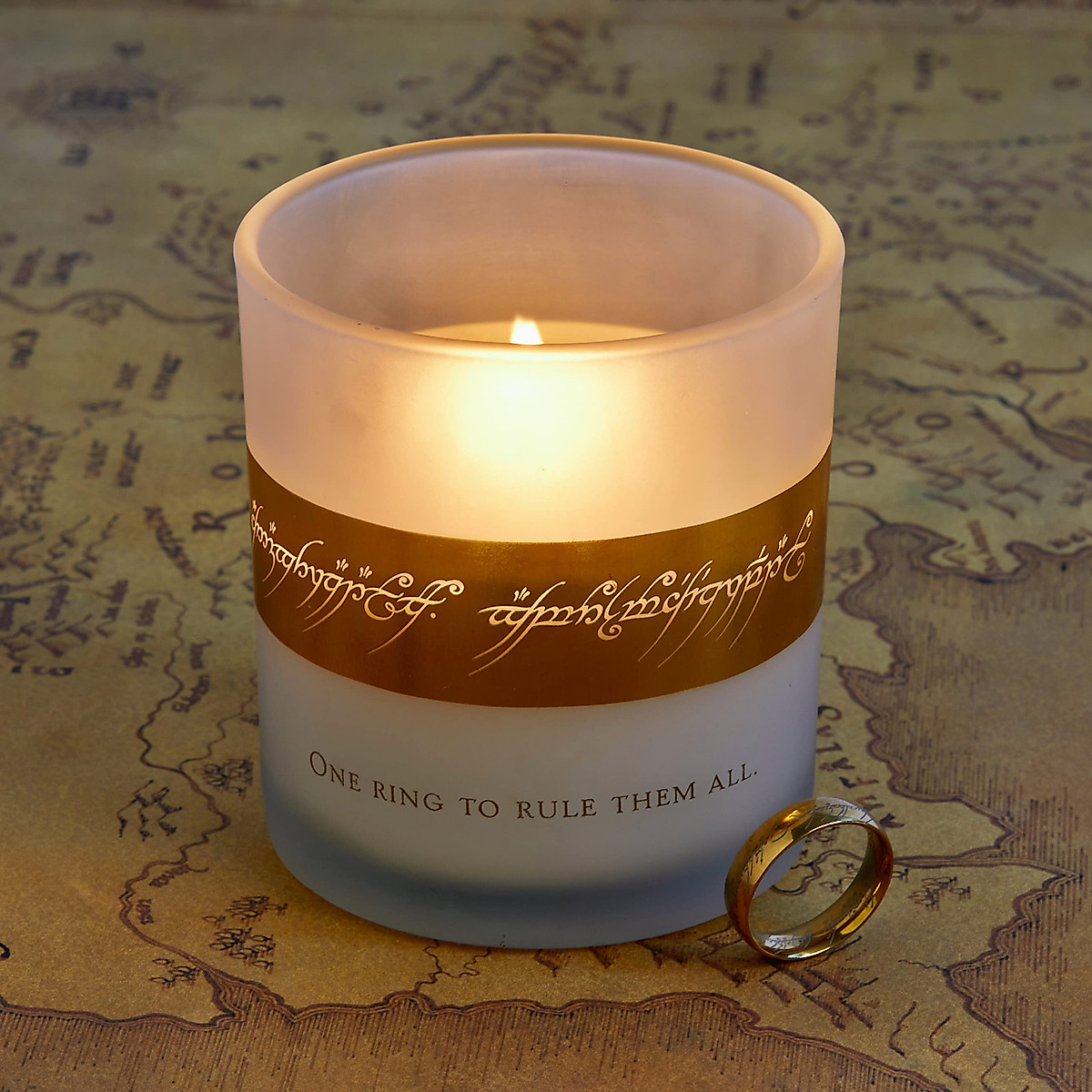 The Lord of the Rings Glass Candle, 8oz - Ring of Power Replica Reveals When Wax is Burned, Unscented - Gift for LOTR Fans