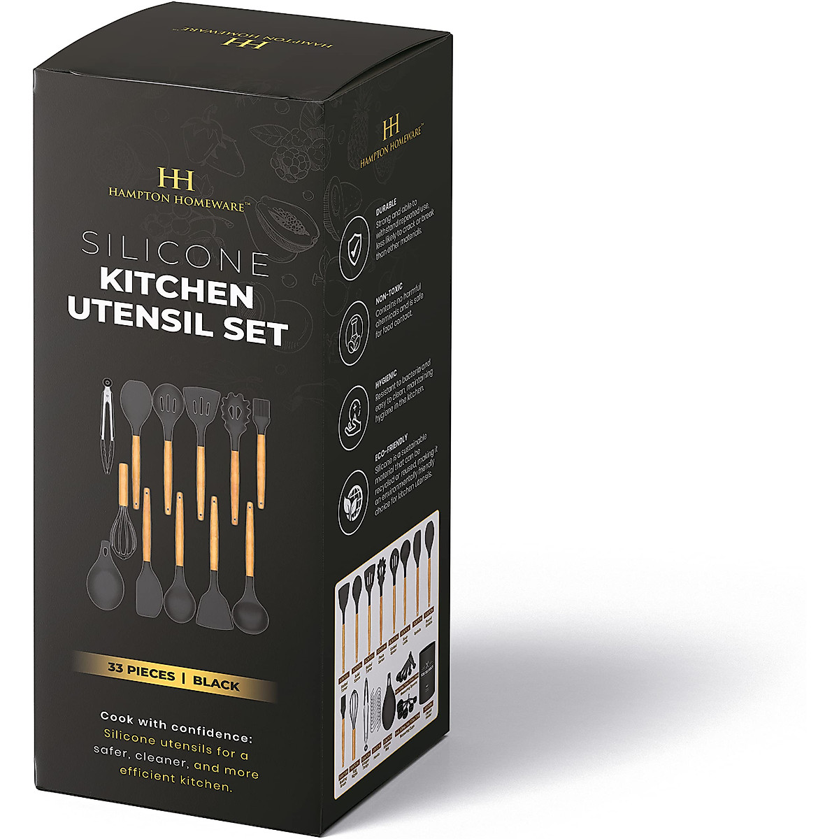 Kitchen Utensils Set, 33 pcs Non-Stick Silicone Cooking Utensils Set, Heat-Resistant Silicone, Wooden Utensils for Cooking, Kitchen Gadgets Spatula Set, Apartment Essentials Kitchen Set (Black)