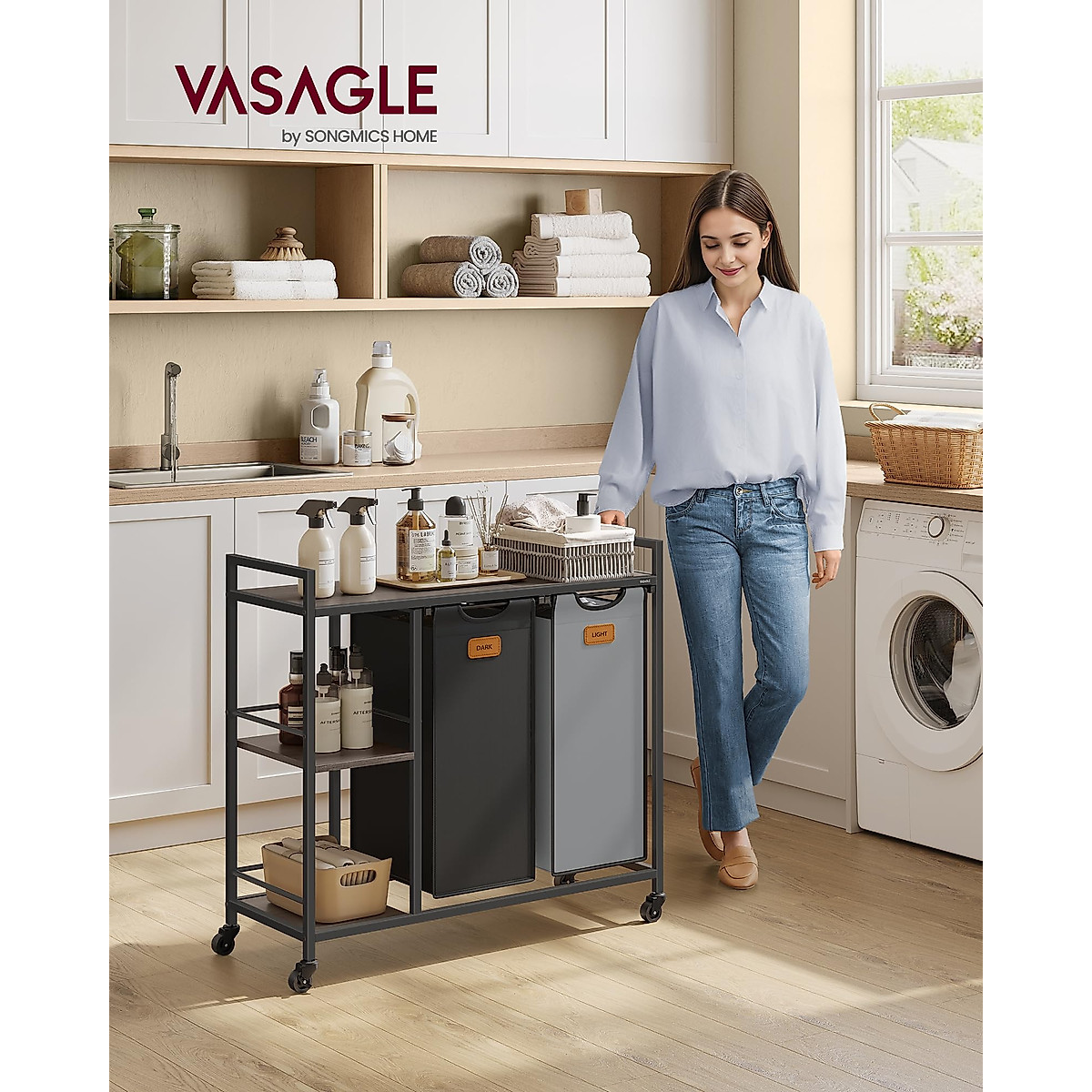 VASAGLE Laundry Hamper with 2 Compartments, 26.4 Gal. (100 L) Laundry Sorter, Rolling Laundry Cart with Shelves, Removable Liners, 6 Labels, Chestnut Brown, Ink Black and Dove Gray UBLH311B02