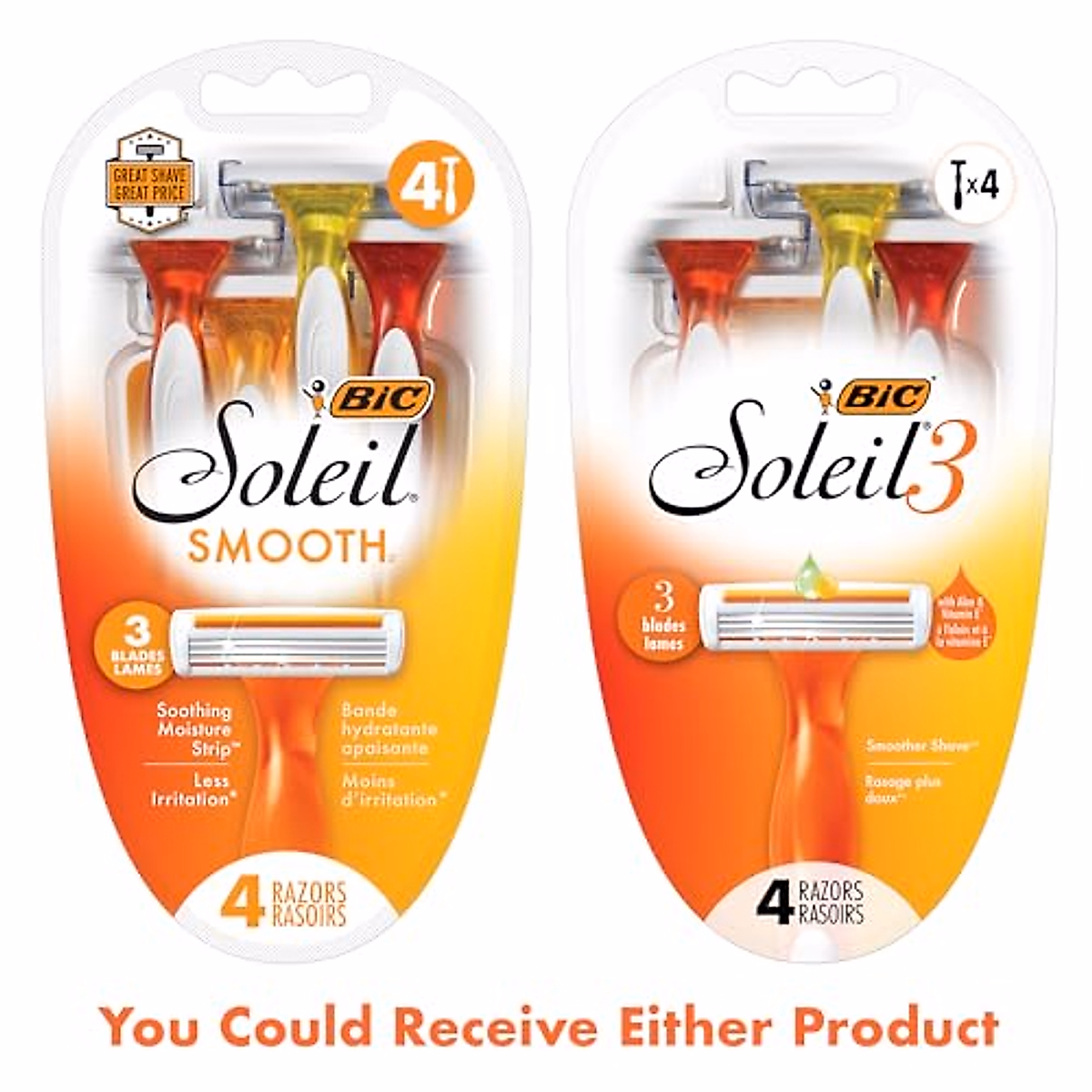 BIC Soleil Smooth Women's Disposable Razors, 3 Blades With Moisture Strip For a Silky Smooth Shave, 4-Count