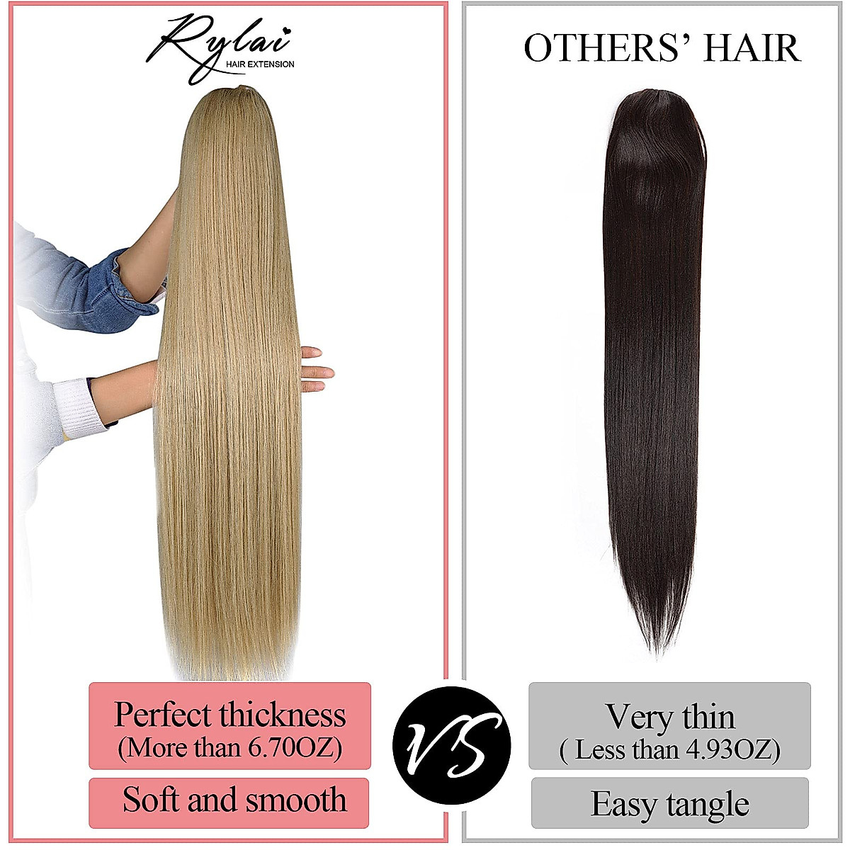 YIBANG 30inch Long Straight Drawstring Ponytail Synthetic High Puff Ponytail Hair Pieces With Comb Clip in Straight Ombre Blond Ponytail Clip in Hair Extensions Smooth &Soft(MT27/613)…