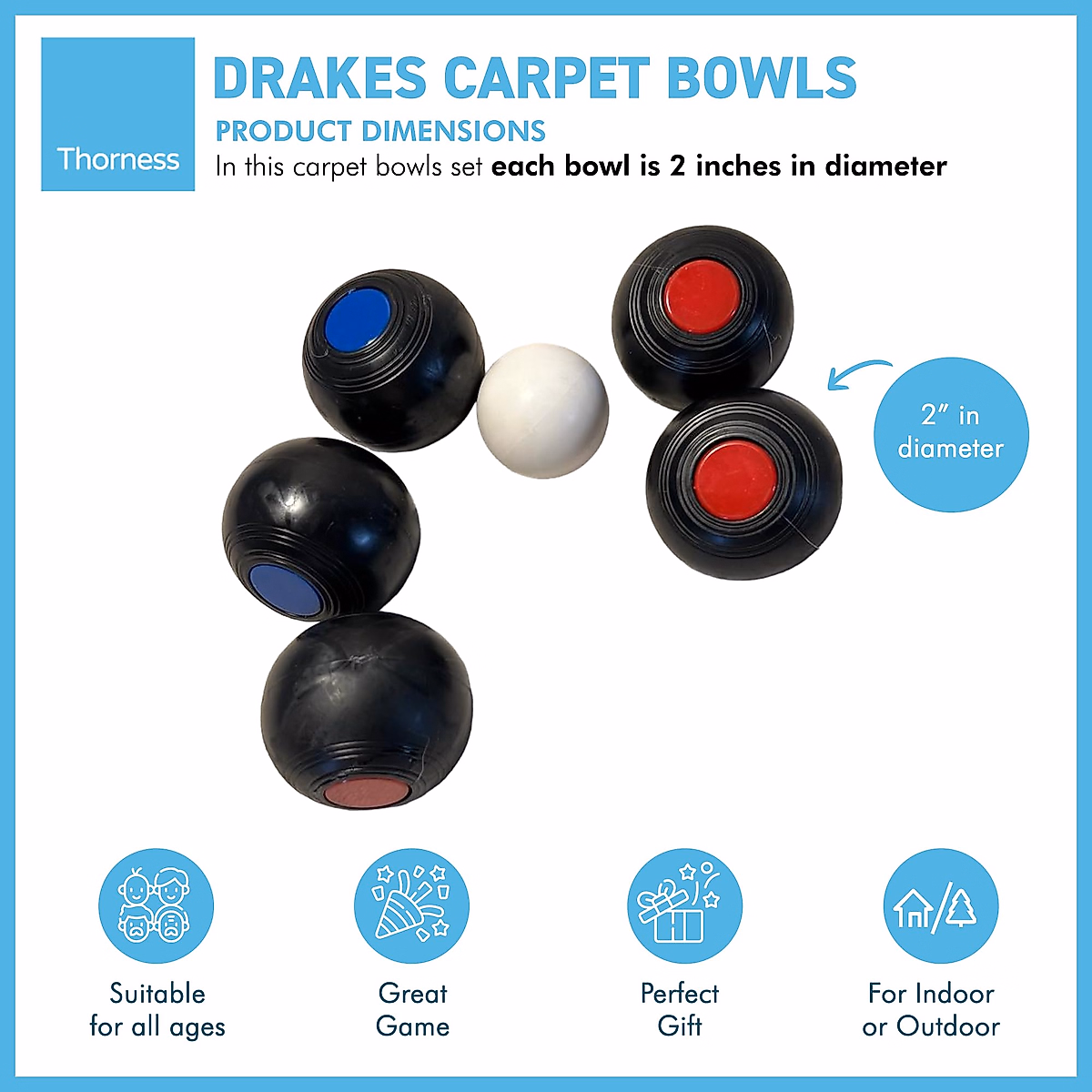 Thorness DRAKES CARPET BOWLS | Indoor bowls set | Bowls game for adults and children | CARPET BOWLS GIFT | French boules set | Each bowl is 2 inches in diameter.