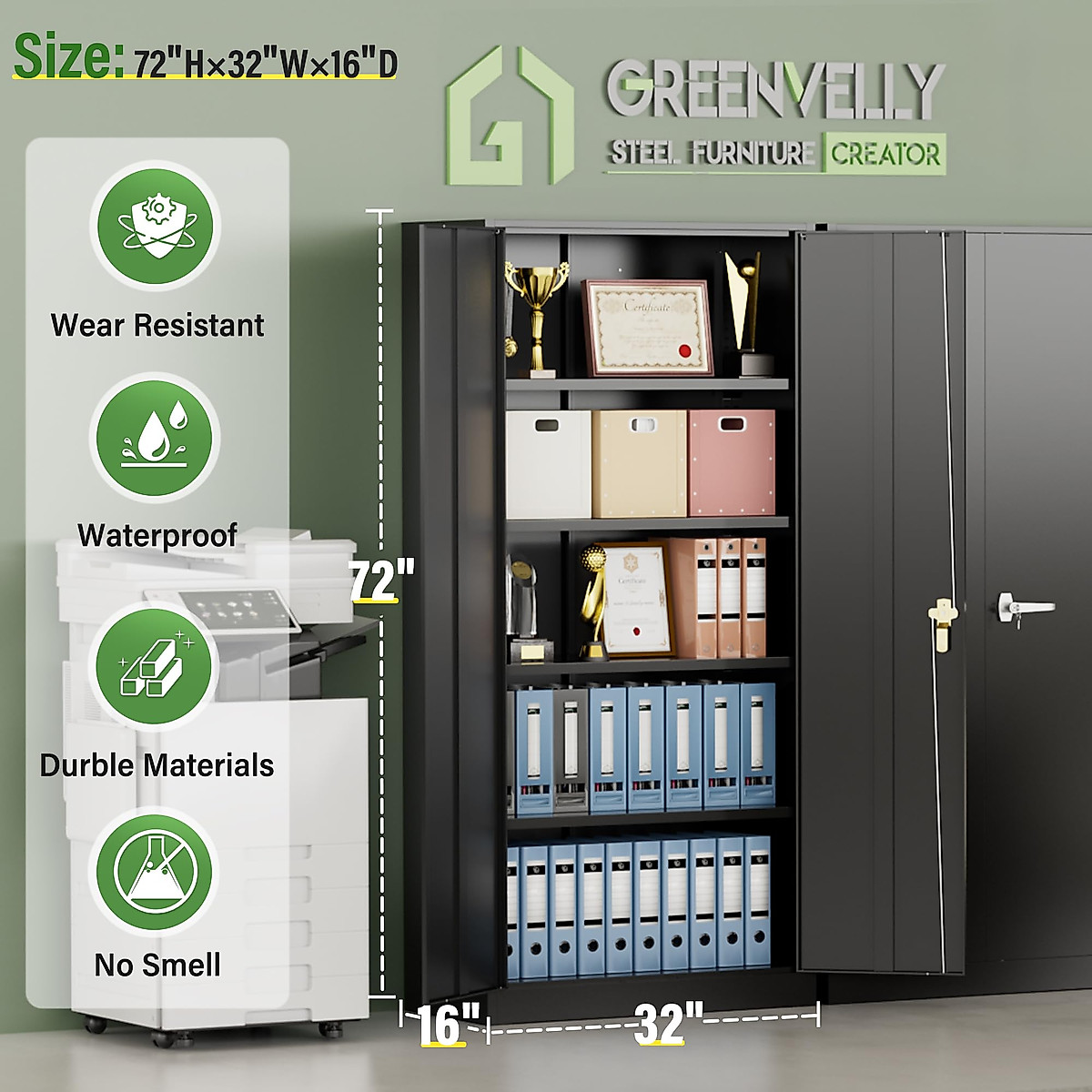 Greenvelly Metal Storage Cabinet, 72" x 32" x 16", Black Metal Cabinet with 2 Doors and 4 Adjustable Shelves, Locking Cabinet for Garage, Office, Home