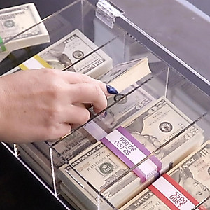 Acrylic Locking Currency Tray, 5 Compartment Cash Organizer Money Storage Box with Lockable Cover, 300 Currency Wrappers Included