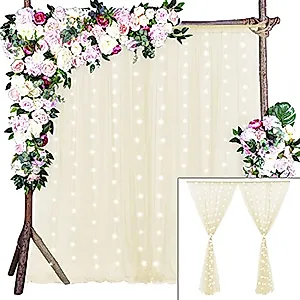 Champagne Tulle Backdrop Curtain with Lights String for Parites Wedding Sheer Backdrop Curtains for Bridal Shower Baby Shower Birthday Party Photo Shoot Background Wall Decorations 2 Panels 5×8ft