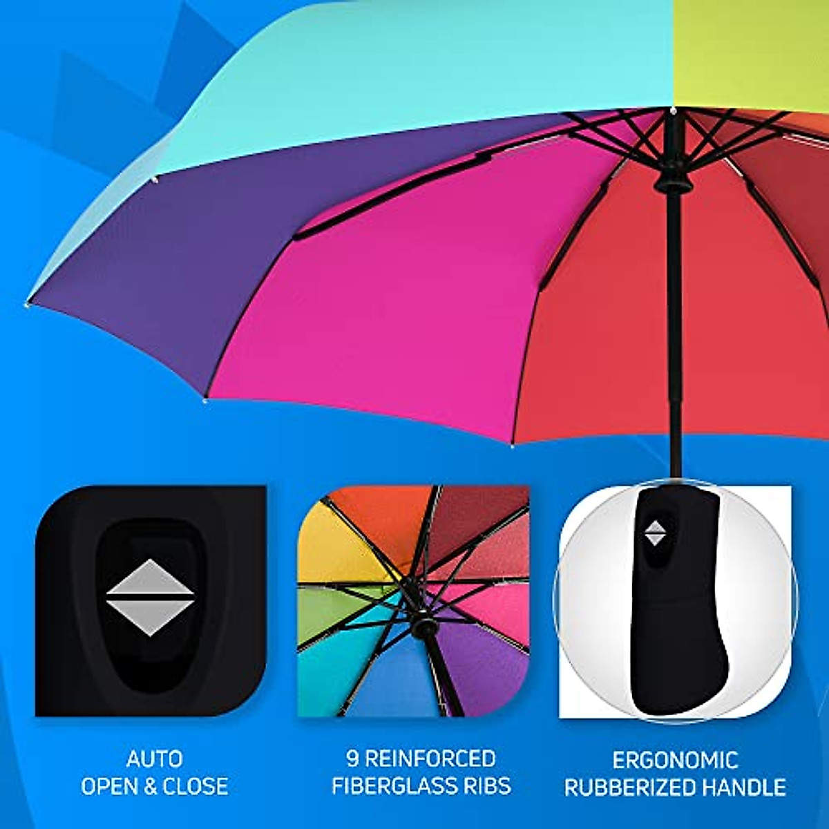 Rain-Mate Compact Travel Umbrella - Pocket Portable Folding Windproof Mini Umbrella - Auto Open and Close Button and 9 Rib Reinforced Canopy (Rainbow)