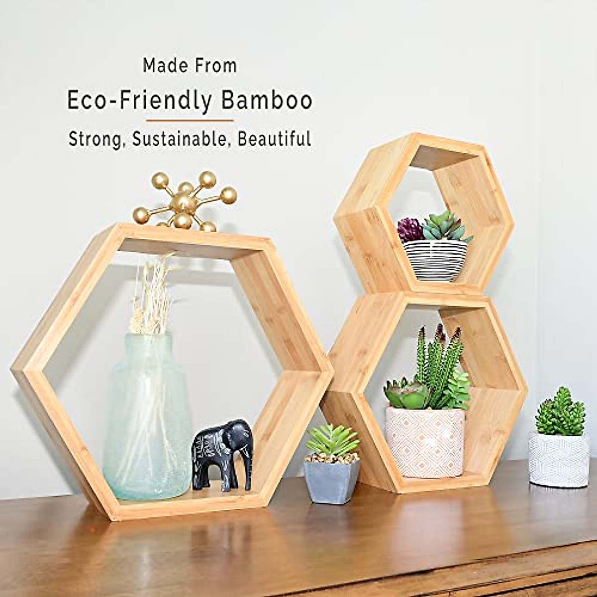 Bamboo Hexagon Floating Shelves For Wall Decor - Set Of 3 - Eco-friendly Honeycomb Shelves For Wall Mounted Hexagon Shelf Room Decor With Hanging Hardware, Wall Shelves, Hexagon Shelves For Home Decor