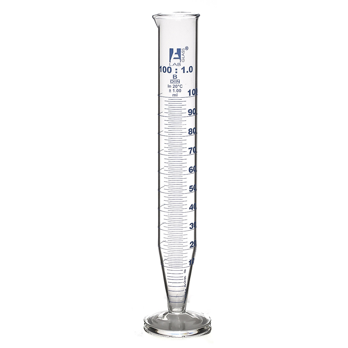 EISCO Crow Receiver, 100ml - Class B - Borosilicate Glass - Blue Graduations, Round Base & Spout - Oil Distilation & Tar Tests - 10" Tall