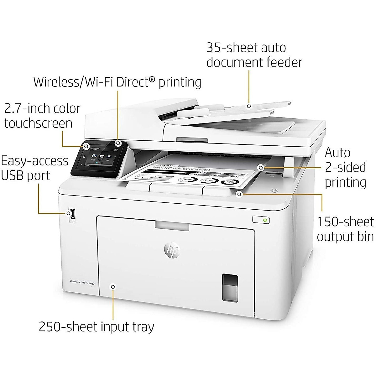 HP Laserjet Pro MFP M227fdwB All-in-One Wireless Laser Printer, Print Scan Copy Fax, Auto 2-Sided Printing, 1200 x 1200 dpi, 30 ppm, Compatible with Alexa, Bundle with JAWFOAL Printer Cable