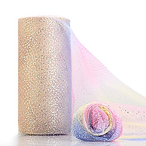 25 Yards Rainbow Glitter Tulle Roll Netting Fabric Ribbon Spool Shiny Sewing Ribbon Gradient Craft Ribbon for Table Chair Sash Bow Costume Christmas Wedding Birthday Baby Shower (Rainbow Color)