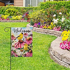 Artofy Welcome Summer American Goldfinch Birds Home Decorative Garden Flag, Yard Echinacea Daisy Flower Outside Decor, Spring Outdoor Small Burlap Decoration Double Sided 12x18