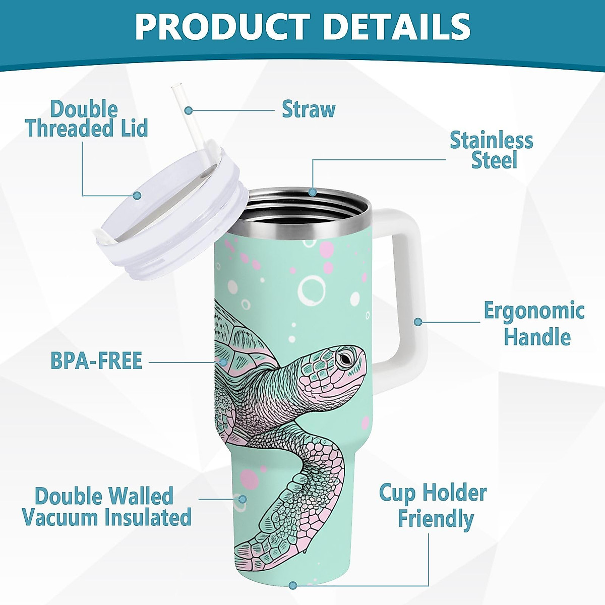 ODAWA 40 Oz Underwater Sea Turtle Insulated Cup with Lid and Straw, 2 in 1 Lid Insulated Stainless Steel Tumbler