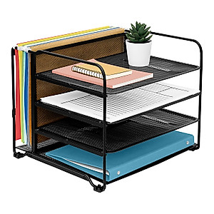 CAXXA 4 Tier Mesh Document Trays with Vertical Upright Section for Hanging File Holders, Mesh Office Supplies Desk Organizer, Black