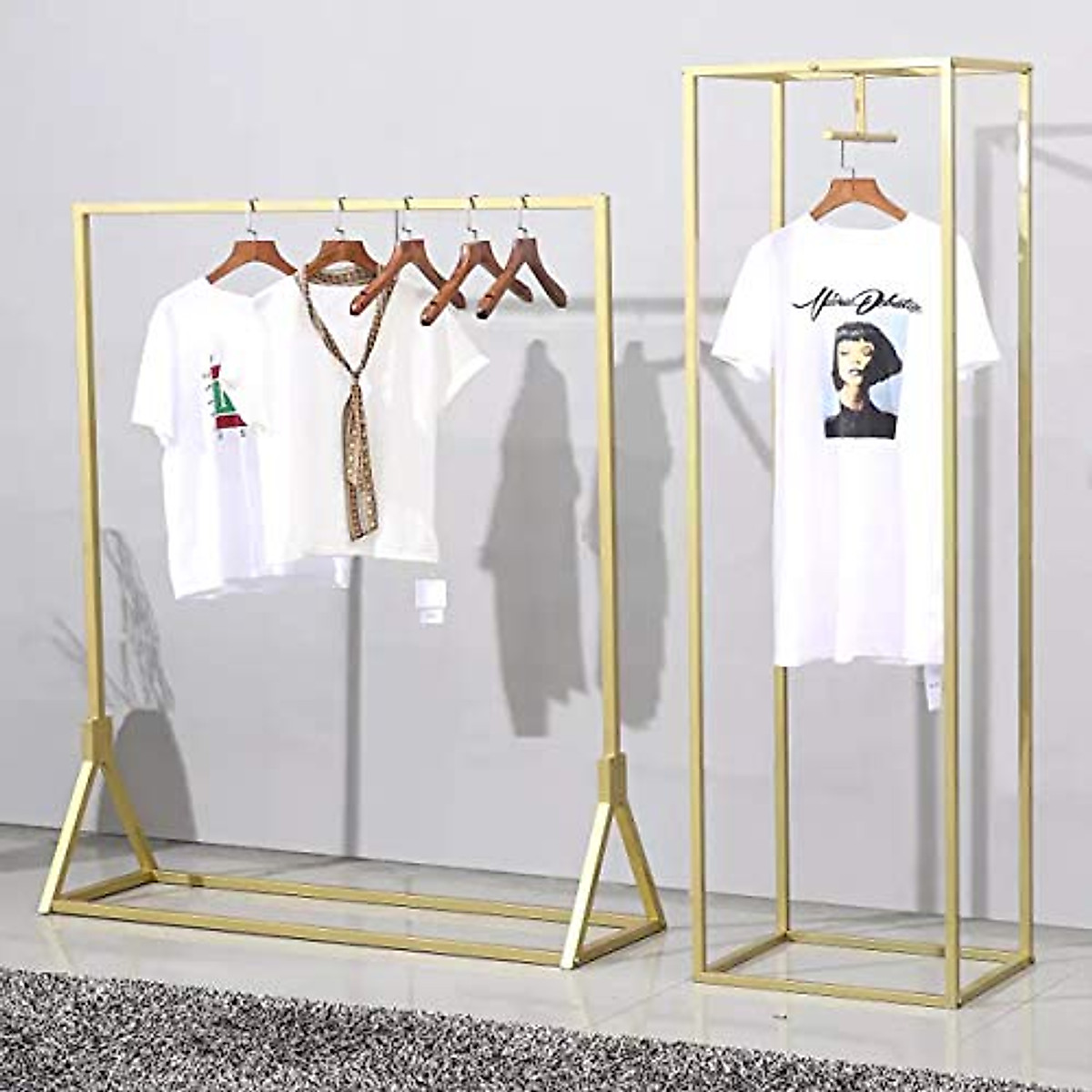 FURVOKIA Clothes Retail Heavy Duty Metal Garment Racks,Clothing Store Hanger Storage Shelves,Floor-Standing Display Rack (Gold Square Tube, 75" H)