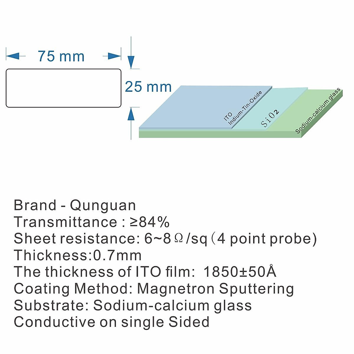 Qunguan ITO Coated Conductive Glass 25×75mm Cover Slides superconducting Thickness 0.7mm Low Resistance <10 ohm/sq 13 Pcs