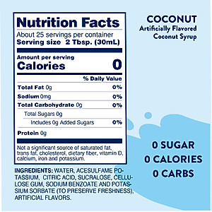 Jordan's Skinny Mixes Sugar Free Syrup, Coconut Flavor, Fruit Flavored Water Enhancer, Drink Mix for Ice Tea, Lemonade & More, Zero Calorie Flavoring, Keto Friendly, 25.4 Fl Oz, 1 Pack