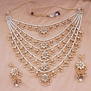 I Jewels Floral Style Pearl Gold Plated Indian Wedding Bollywood Multi Strand Rani Haar Jewellery set For Women (M4080W)