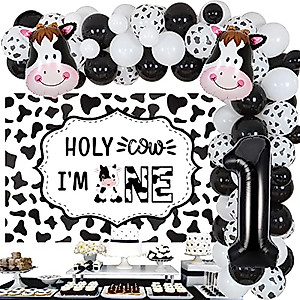 Holy Cow I'm One Birthday Decorations, Cow Farm Theme 1st Birthday Party Decorations for Boy, Black and White Cow Balloon Garland Arch Kit, Happy Birthday Backdrop, Cow Head Foil Balloons