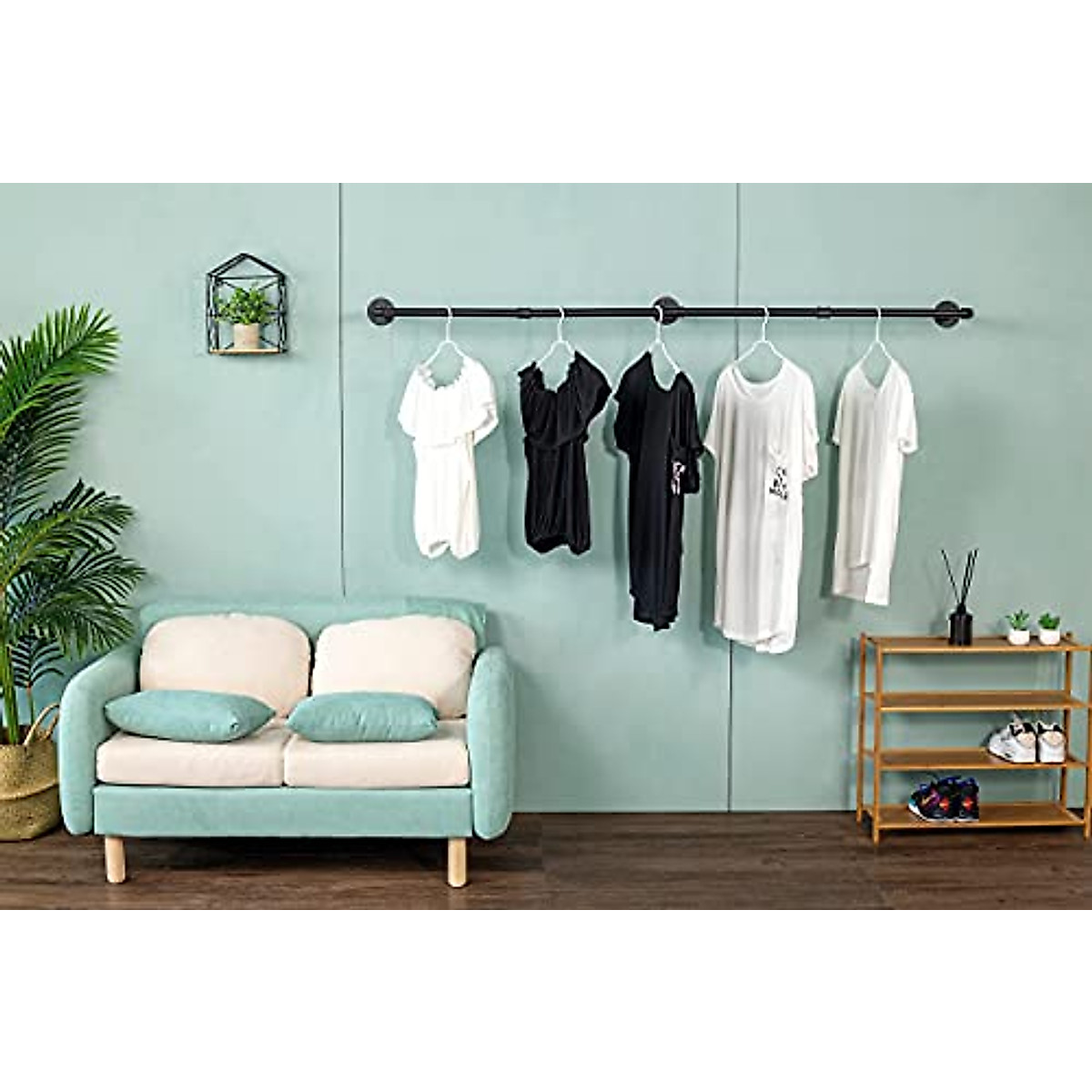 iflove Industrial Pipe Clothing Rack, 70 Inch Wall Mounted Clothes Rack, Wall Racks Hangers Laundry Room for Hanging Clothes, Closet Rods Heavy Duty, Display Rack for Retail, Black with 4 Hooks