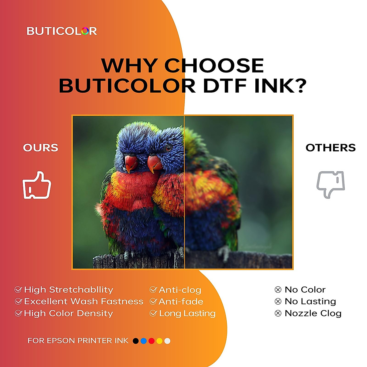 DTF Ink 6000ML,Heat Transfer Printing Ink Transfer Ink for PET Film,Refill for DTF Printers-Epson ET-8550,L1800,XP15000, L800,R3000,R1900,R2400,R350,P400,P800(6*1000ml,2W/BK/C/M/Y)