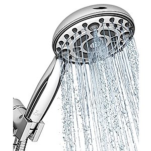 LOKBY 5″ High Pressure Handheld Shower Head 6-setting - High Flow Even with Low Water Pressure - Hand Held Showerhead Set with 59″ Stainless Steel Hose, Teflon Tape, Rubber Washers, Bracket