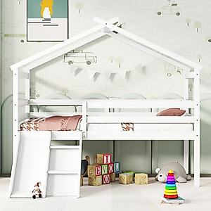 Bekeknlny Twin Low House Bed for Kids with Slide, Ladder, Safety Guardrails, Modern Wood Loft Bed for Boys Girls, No Box Spring Needed (White/House*L, Twin)
