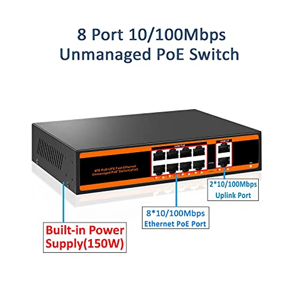 YIDUOYUNCAI 10 Ports PoE Switch,8*100Mbps Port PoE+2*100Mbps UpLink Port,150W Built-in Power,802.3af/at,Metal Fanless,Extend to 250Meter,WallMount,Unmanaged Plug and Play