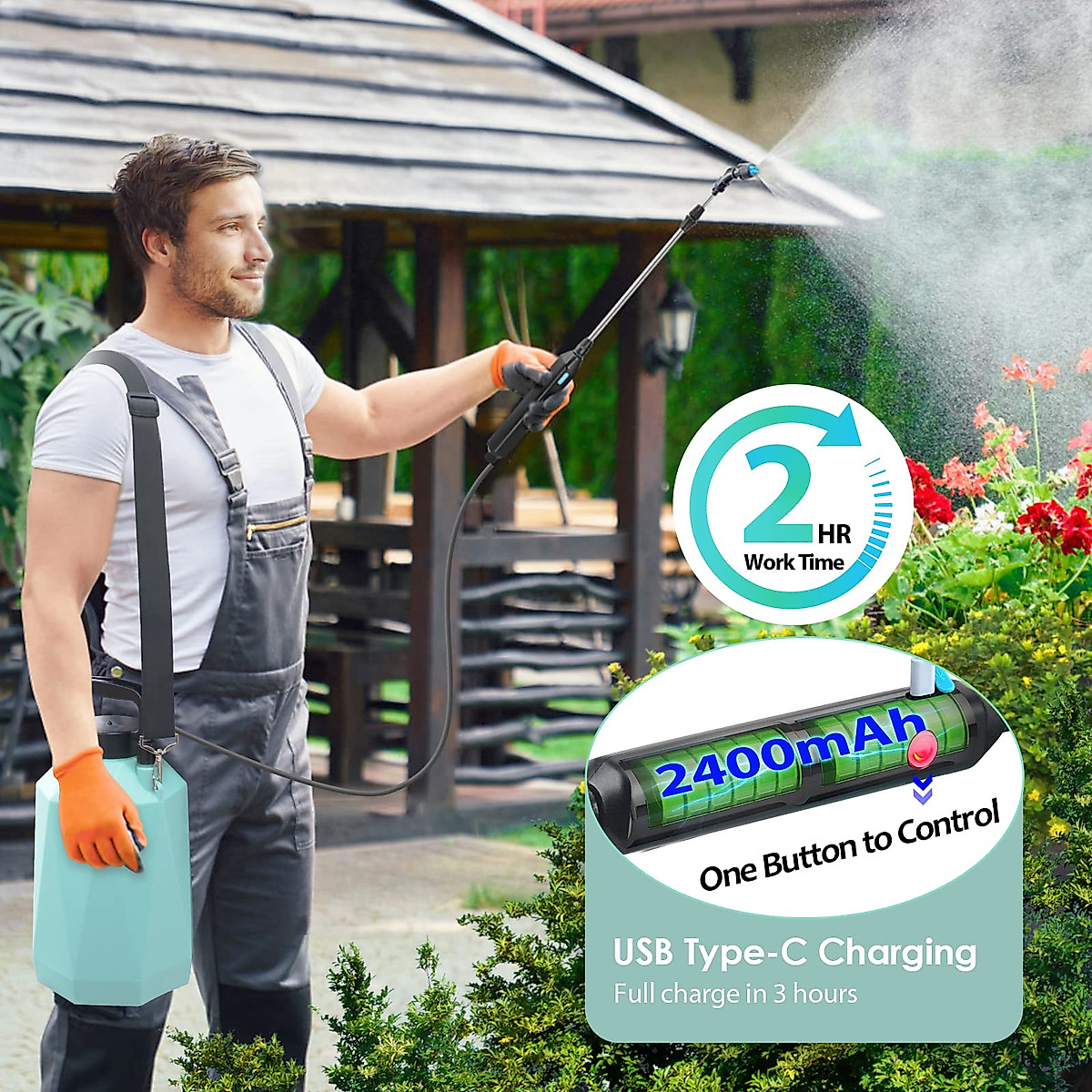 SideKing Battery Powered Sprayer 1.35Gallon/5L, Electric Garden Sprayer with USB Rechargeable Handle, Weed Sprayer with 3 Mist Nozzles, Telescopic Wand, and Shoulder Strap for Lawn and Garden