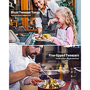 2 Pcs 10-inch Cooking Tweezers Tongs Precision Serrated Tips, Stainless Steel Professional Chef Tweezer Kitchen Tools for BBQ, Plating and Serving (Black)